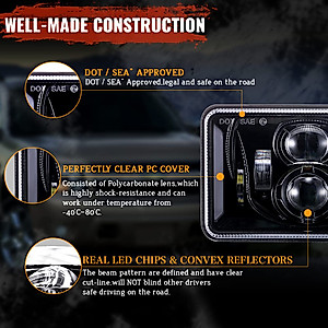 BICYACO 4 PCS DOT 4x6 Inch LED Headlights Rectangular Replacement H4651 H4652 H4656 H4666 H6545 Compatible with Peterbilt Kenworth Freightliner Ford Probe Oldsmobile Cutlass