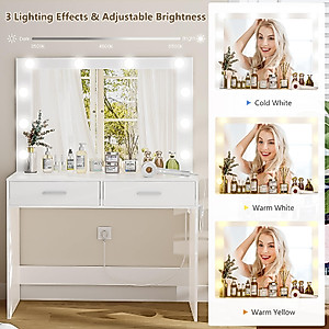 usikey Vanity Desk with Large Lighted Mirror, Makeup Vanity with 10 Lights, 2 Drawers & Power Strip, Vanity Desk Set, Dressing Vanity Tables for Women Girls, Bedroom, White