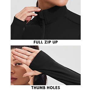 PINSPARK Workout Jackets for Women Athletic Running Gym Yoga Jacket Lightweight Full Zip Slim Fit Sports Tops Thumb Holes Pockets, Black, Small