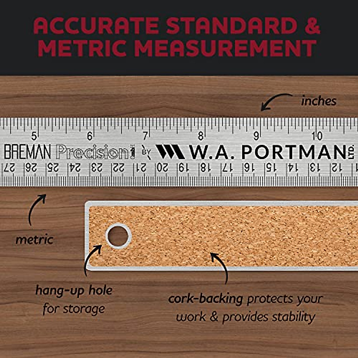 Breman Precision Metal Ruler 18 Inch - Stainless Steel Cork Back Metal Ruler - Premium Steel Straight Edge 18 inch Metal Ruler - Flexible Stainless Steel Ruler - Imperial and Metric Ruler