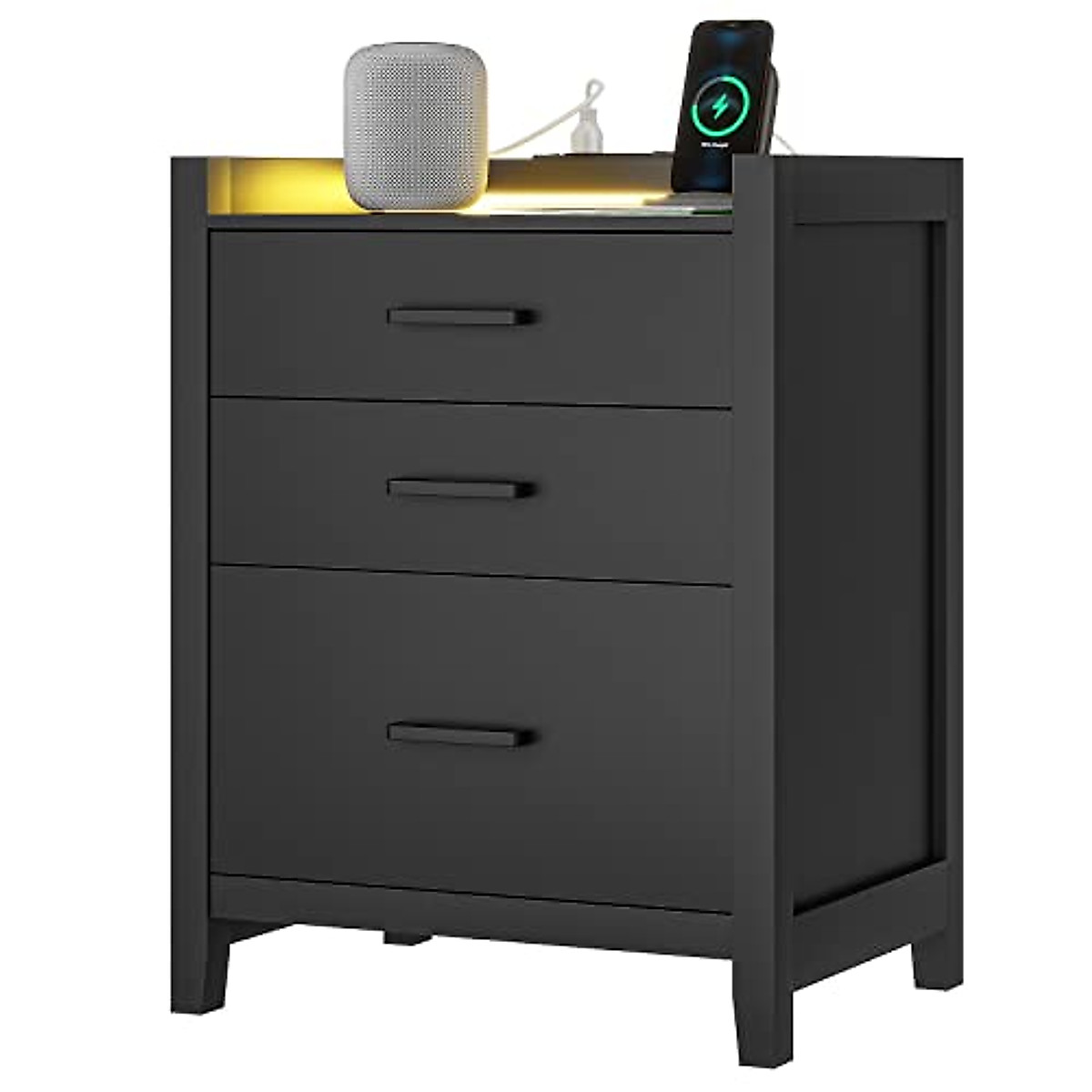 EPHEX Nightstands Set of 2, LED Nightstand with Charging Station, End Side Table with 3 Drawers, Modern Night Stand Bedside Table for Bedroom, Black, NSL03