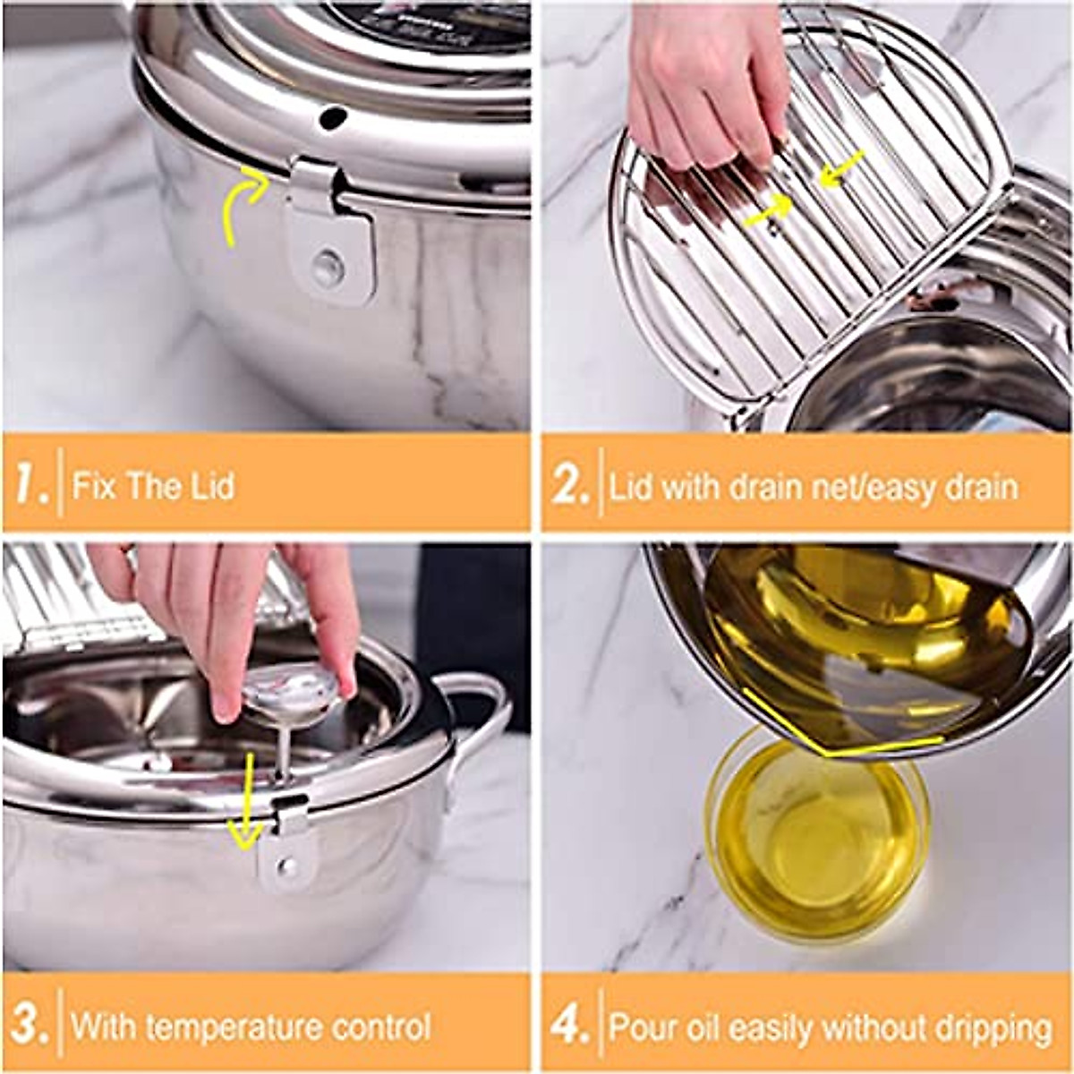 Wrqqwsy 9.45inch Deep Fryer Pot(°F), 3.4L Japanese Tempura Small Deep Frying Pot with Fahrenheit Thermometer, 304 Stainless Steel Deep Fryer with Oil Draining Rack for Tempura chips, Fries, Fish, and Chicken