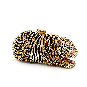 Tngan Women Cute Tiger Shaped Evening Clutch Sparkling Rhinestones Handbag Prom Party Purse, Gold