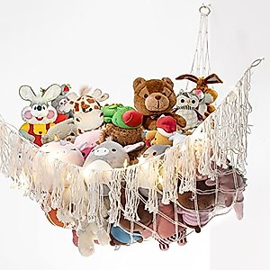 CUHIOY Toy Hammock for Stuffed Animals Large, Toy Storage Net Fits 40 Teddy Bears with Lights, Kids Mesh Hanging Nursery Organizer, Plush Toys Holder on Bedroom Wall Corner Decoration（ Beige）｜64x 64x 45 Inch