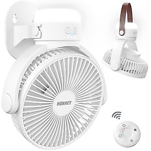 HonHey Portable Wall Mount Fan, 4000 mAh Oscillating Battery Operated Fan with Remote and LED Light, 3 Speeds, 4-10 Working Hours Timer Function, 7 Inch Outdoor Ceiling Fan for Garage Bedroom Gym RV