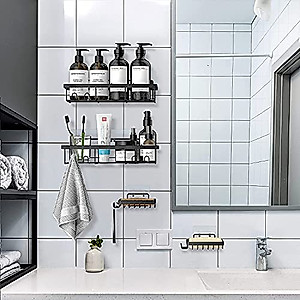 4 Pack Shower Caddy Basket Shelf with Soap Holder, No Drilling Traceless Adhesive Shower Wall Shelves, Rustproof Black Bathroom Shower Storage Organizer (Matte Black)