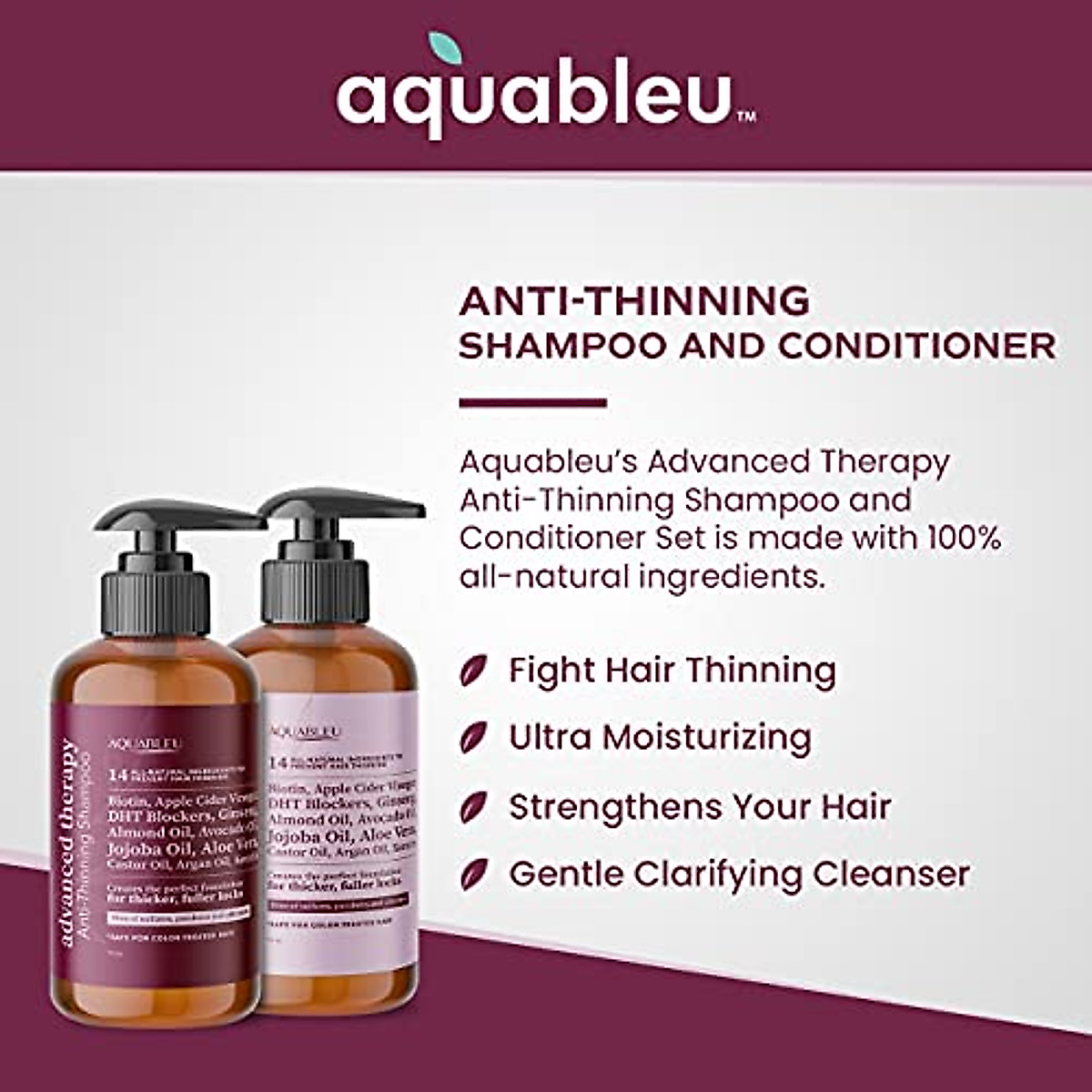 Aquableu’s Advanced Therapy Anti-Thinning Shampoo and Conditioner Set – 14 All-Natural Ingredients to Moisturise, Strengthen and Fight Hair Thinning – Biotin, ACV, DHT Blockers – Sulfate Free – 16oz