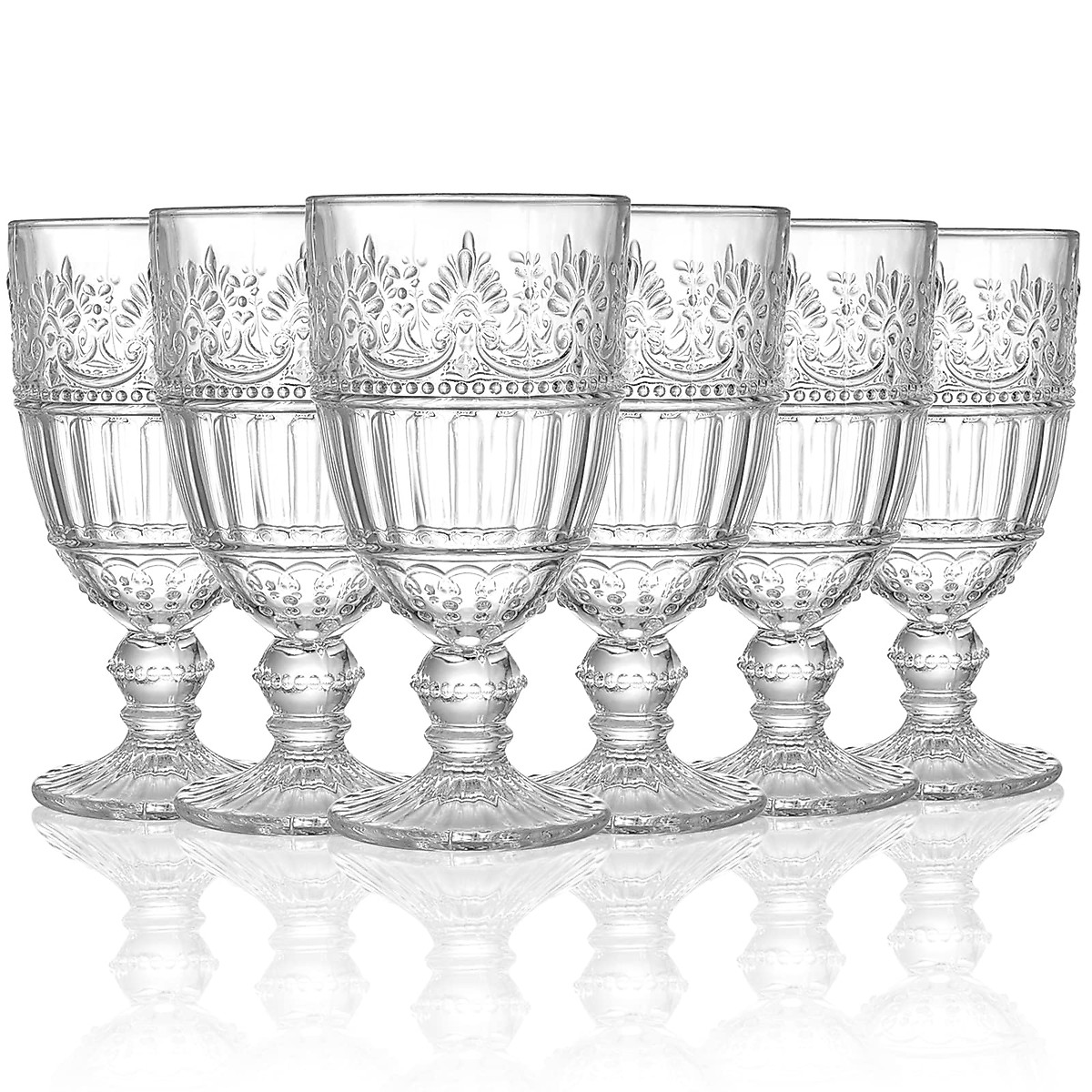AVLA 6 Pack Glass Goblet, 12 OZ Vintage Wine Glassware, Romantic Wedding Glass Set, Drinking Stemware Beverage Cups for Party, Bar, Champagne, Juice, Beer, Cocktail, Embossed Design