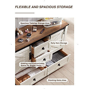 T4TREAM Farmhouse Dresser for Bedroom w/4 Drawers & Sliding Barn Doors, 48'' Wide Chest of Drawers, Rustic Dresser TV Stand w/Shelf, Dresser Organizer for Bedroom, Living Room, Entryway, Antique White