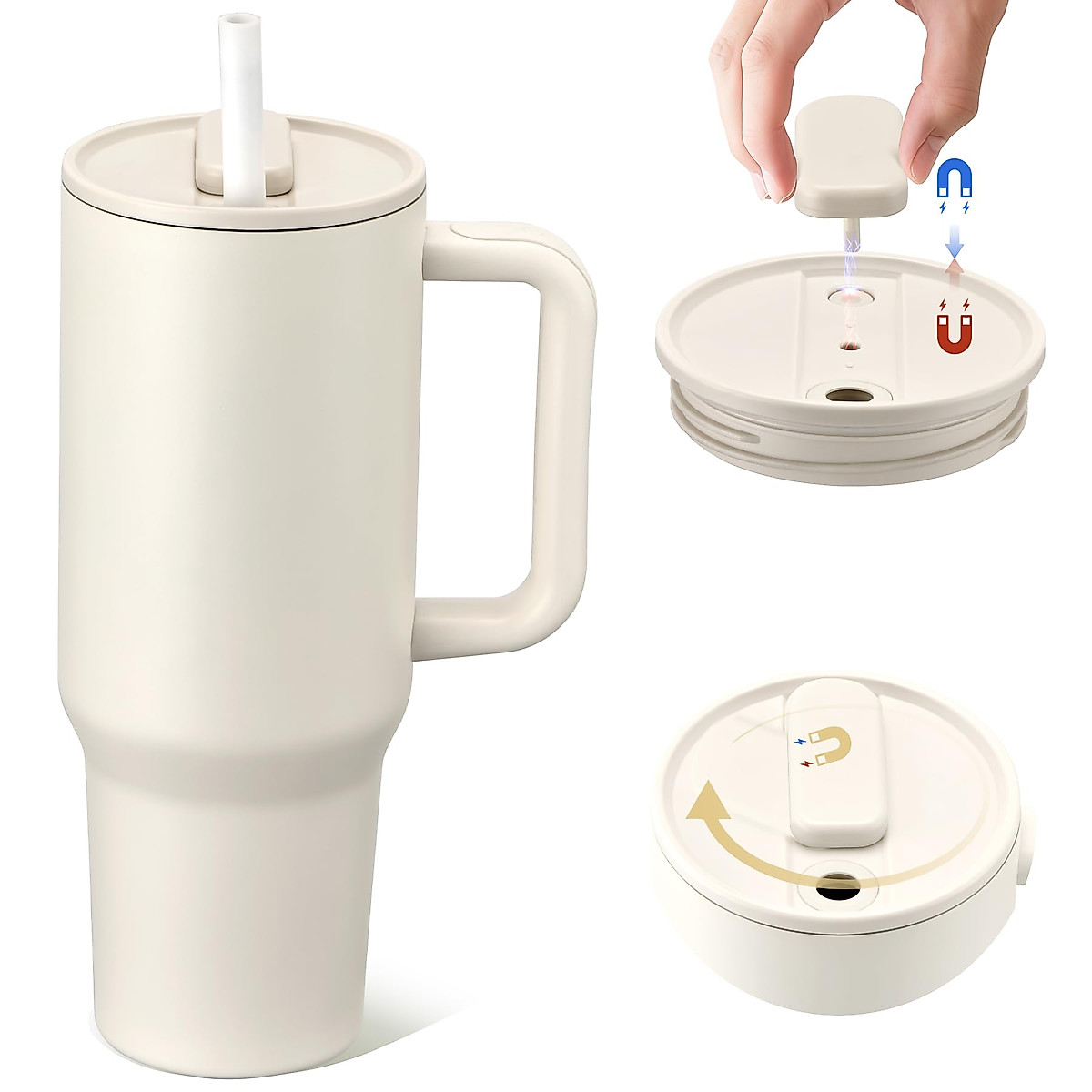 Pawtong 40oz Magnetic Lid Insulated Tumbler with Handle, 360° Rotating & Removable Cover, Leak-Proof Travel Mug with Soft Silicone Straw for Drivers, Commuters, Road Trips, Dishwasher Safe (Beige)