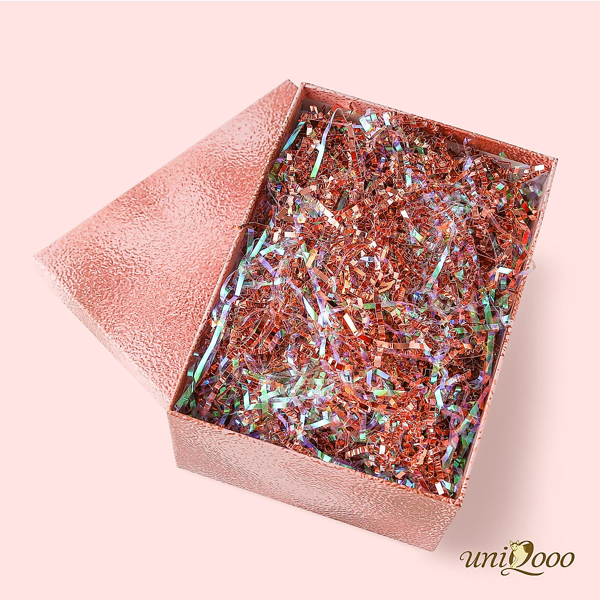 UNIQOOO 1/2 LB Metallic Iridescent Rose Gold Crinkle Cut Paper Shredded Filler, Rosy Pink Gold Grass Raffia Tissue, Strands Shred Craft Bedding Cushion Paper, For Christmas Gifts Wedding Birthday Bridesmaid Engagement Gift Boxes Bags Retail Decoration