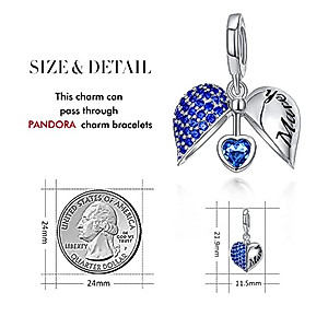 March Birthstone Charms Wings of Angel 925 Sterling Silver Love You Heart Charm Dangle Bead for Pandora Charm Bracelet Necklace, Happy Birthday Jewelry Bead for Women