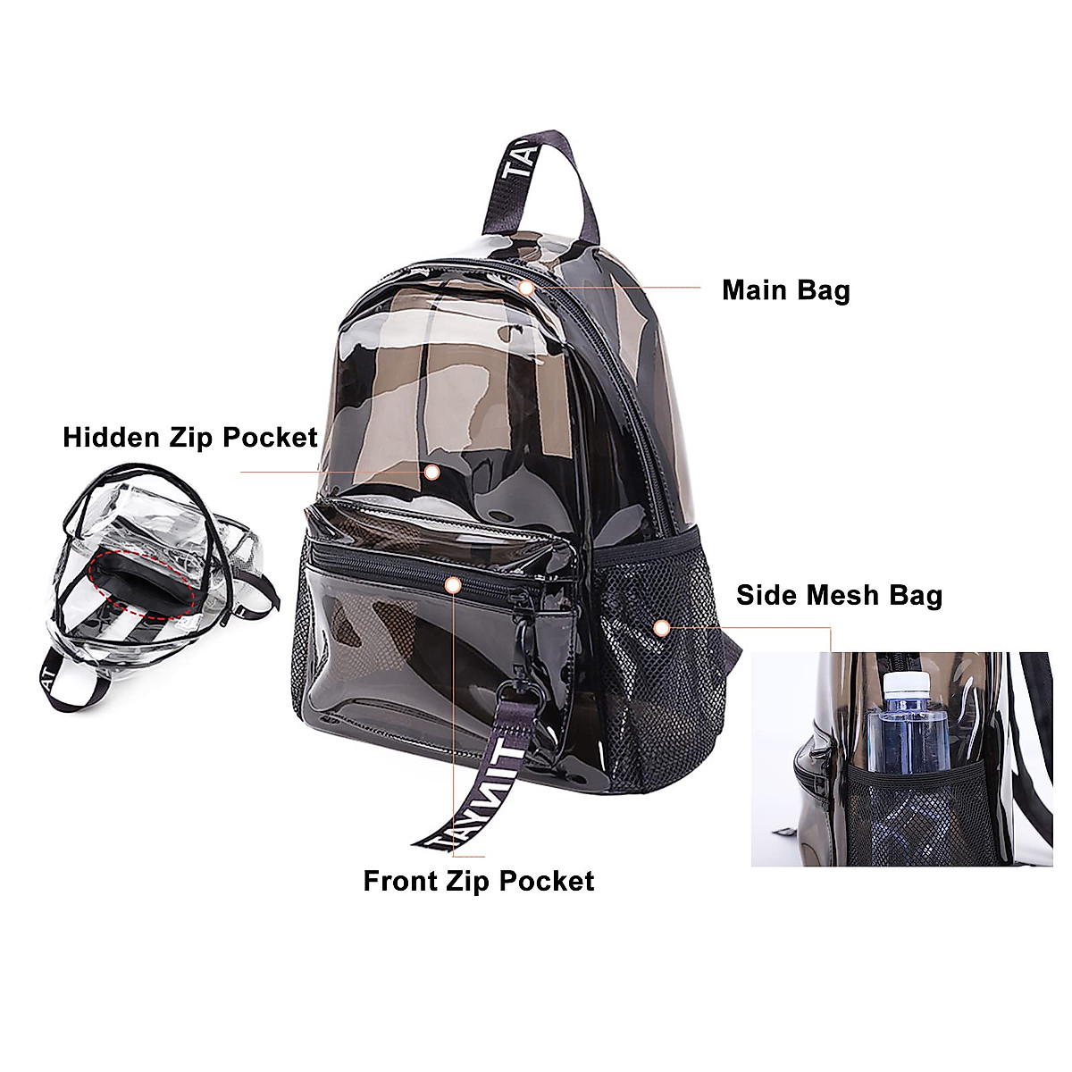 TABITORA Clear Backpack Water Proof Transparent Backpack Large Bookbag with Reinforced Strap for College Workplace Black