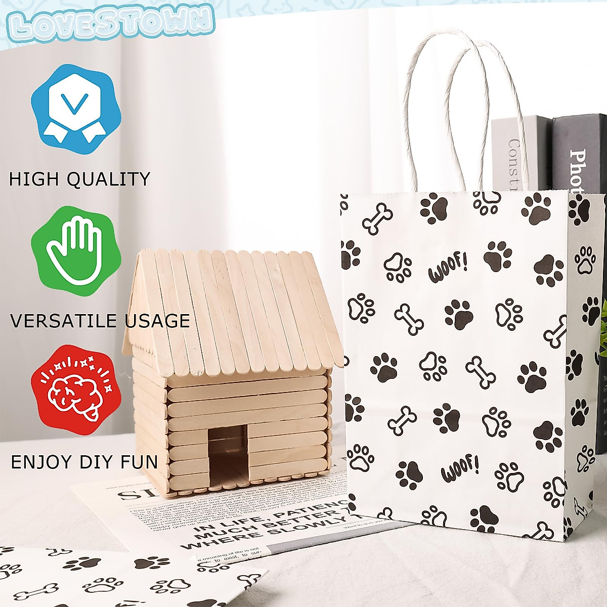LovesTown 16PCS Gift Bags, Paper Retail Grocery Bags Dog Paw Print Goodie Bags with Paper Twist Handles for Party Gifts Birthday 5.5 x 2.8 x 7.9 inch