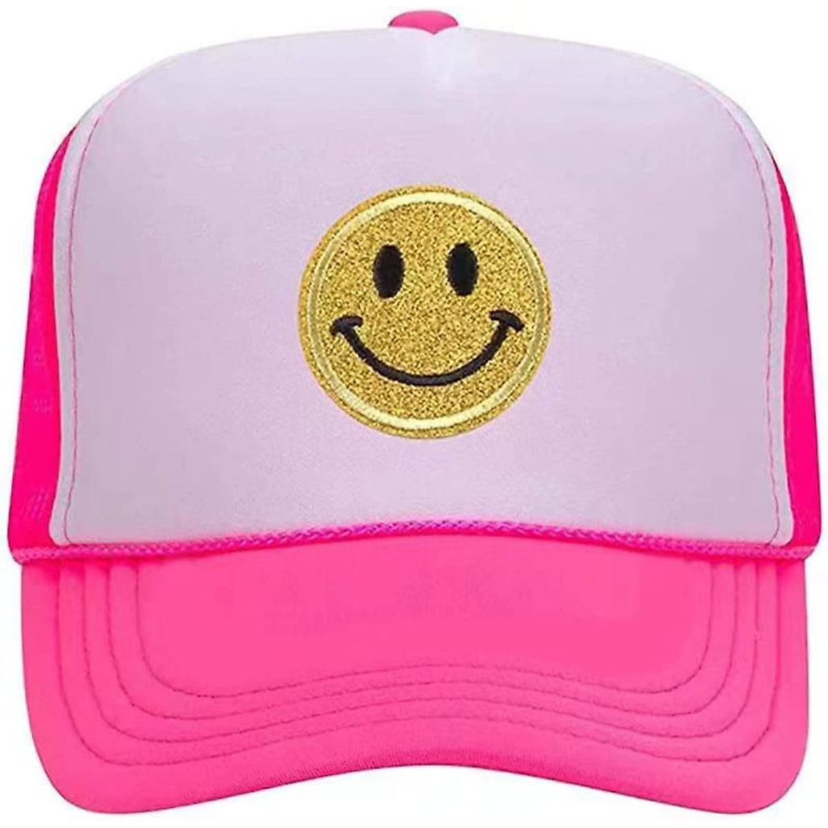 Lin Su Fashion Smile Face Sequins Baseball Cap Printing Neon High Crown Foam Mesh Back Trucker Hat-for Men and Women (Multicoloured-7)