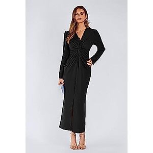 PRETTYGARDEN Women's Fall Fashion 2023 Long Puff Sleeve Maxi Dresses V Neck Twist Front Formal Dress with Slit (Black,Medium)
