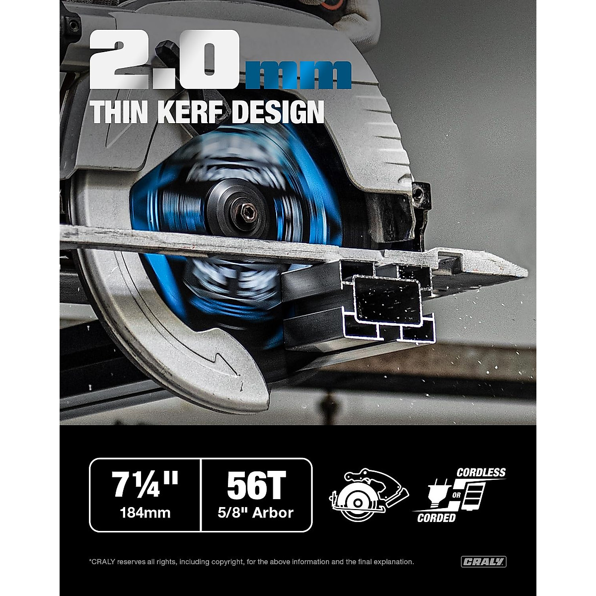 CRALY 7-1/4 Inch 56 Teeth Aluminum and Non-Ferrous Metal Cutting Circular Saw Blade, 5/8 Inch Arbor, Carbide Tipped, Thin Kerf, Black Ice Coating, for Medium Aluminum, Plastic, Composite(C0756AL)