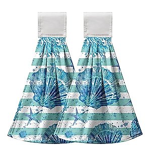 Kwlegh Coastal Seashells Hanging Hand Towels Set of 2 Teal Stripes Tie Towels Summer Starfish Bathroom Towels Absorbent Kitchen Towels with Hanging Loop for Bathroom for Bathroom Kitchen 12x17 Inch