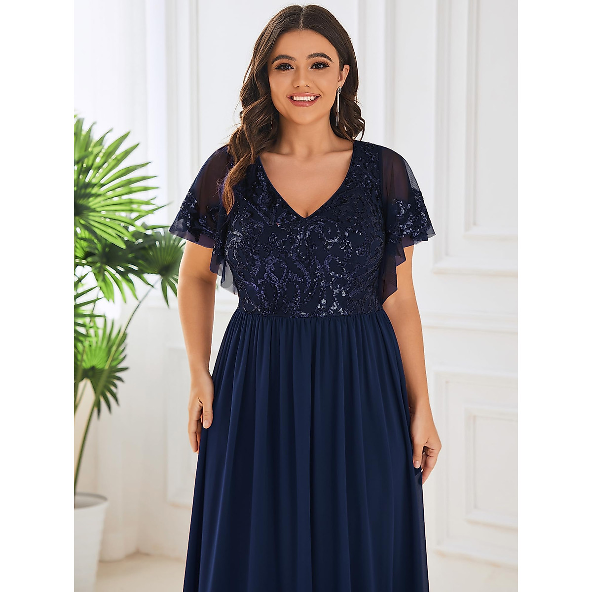 Ever-Pretty Plus Womens Plus Size Backless Ruffles Sleeves Sequin Appliques Maxi Chiffon Formal Evening Dress Navy Blue US26