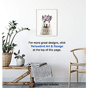 Baby Llama Wall Decor - Flower Crown Alpaca Wall Art Decoration for Girls Bedroom, Kids Room, Nursery - Cute Gift - Boho Shabby Chic Picture - 8x10 UNFRAMED Photo Poster