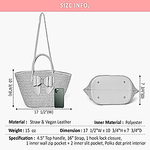 Like Dreams Women Fashion Hand-woven Straw Tote Bag Vegan Leather Bowtie Polka Inner Structured Summer Beach Handbag (White)