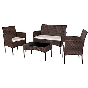Shintenchi 4 Piece Outdoor Patio Furniture Sets, Small Wicker Patio Conversation Furniture Rattan Chair Set with Tempered Glass Coffee Table For Backyard Porch Garden Poolside Balcony, Brown