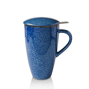 KOOV Porcelain Hot Tea Cup with Infuser and Lid, 18 OZ Tea Mug with Lid, Tea Infuser Mug, Tea Steeper for Loose Tea Mug, Steeping Tea Cup (Reactive Blue)