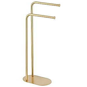 mDesign Tall Stainless Freestanding Towel Rack Holder - 2 Tier Minimalist Pedestal Hanger Holders for Kitchen and Bathroom - Racks for Bath, Hand, Dish, and Tea Towels or Washcloths - Soft Brass