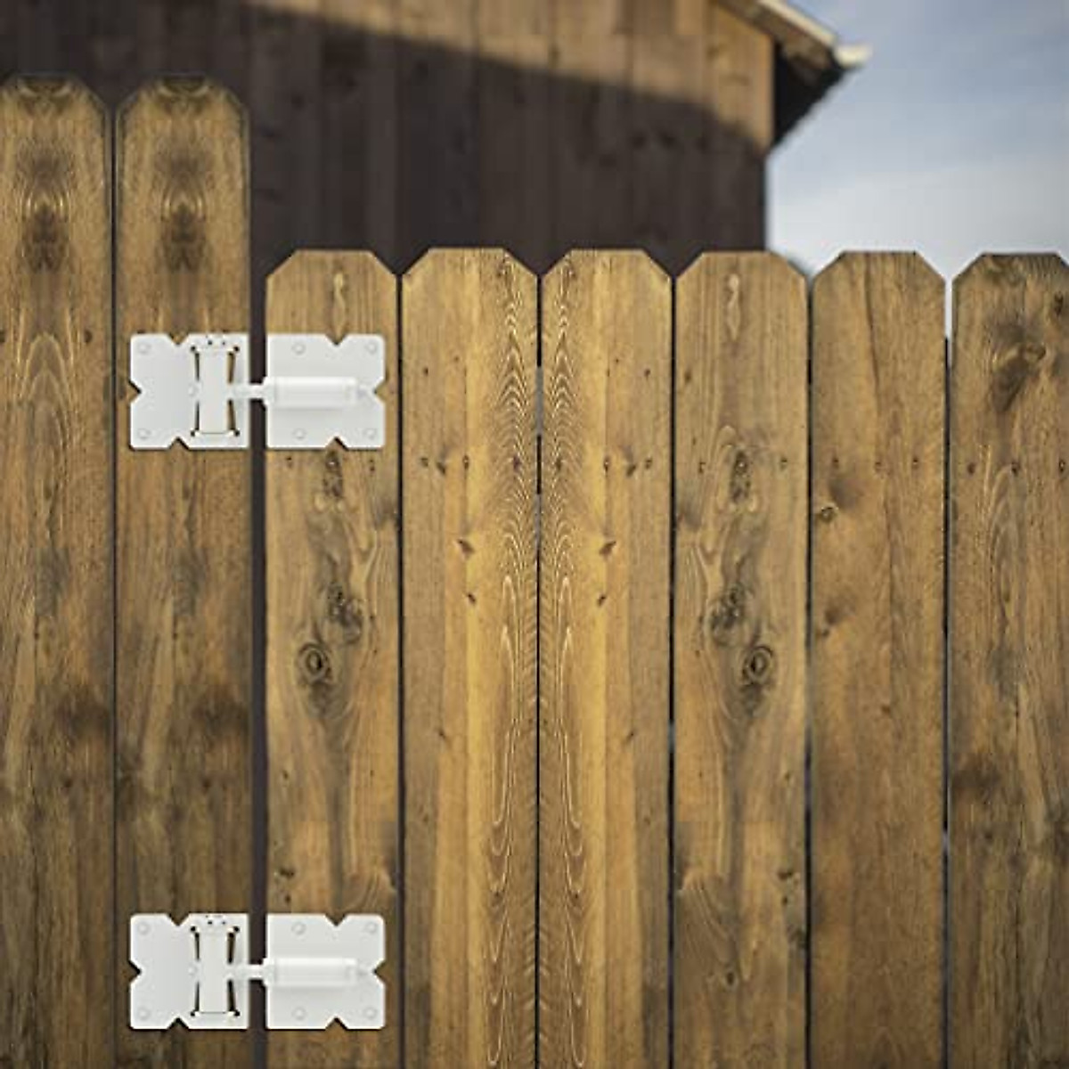 Heavy Duty Self Closing Gate Hinges Hardware Kit for Wooden Vinyl Fence 90 Degree Adjustable Gate Hinges Hardware Kit for Metal Gates with 22 Durable Screws and Swing Adjuster Tool, 2 Pack, White