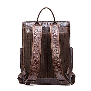 Premium Leather 14 Inch Laptop Backpack Large Capacity Daypack for Travel Hiking Camping, Crocodile Embossed Black