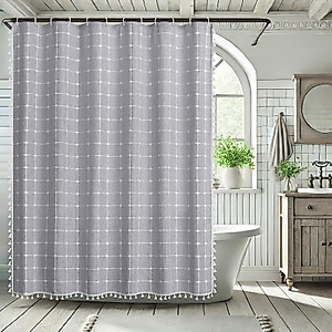 Boho Long Shower Curtain, 72x78 Inches Long Linen Thick Fabric Shower Curtain with Tassels,Tall Modern Farmhouse Neutral Textured Cloth Shower Curtains for Bathroom, Water Repellent, 72x78, Gray/Grey