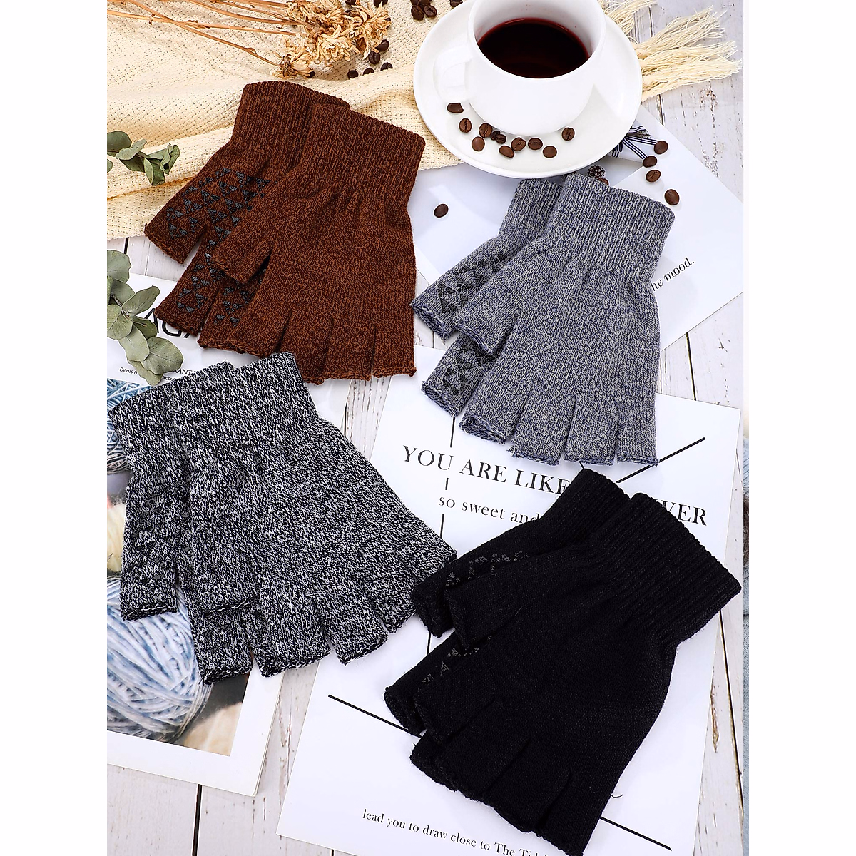 4 Pairs Unisex Winter Half Finger Knit Gloves Stretchy Non-Slip Winter Warm Knitted Fingerless Gloves (Black, Dark Gray, Gray, Brown)