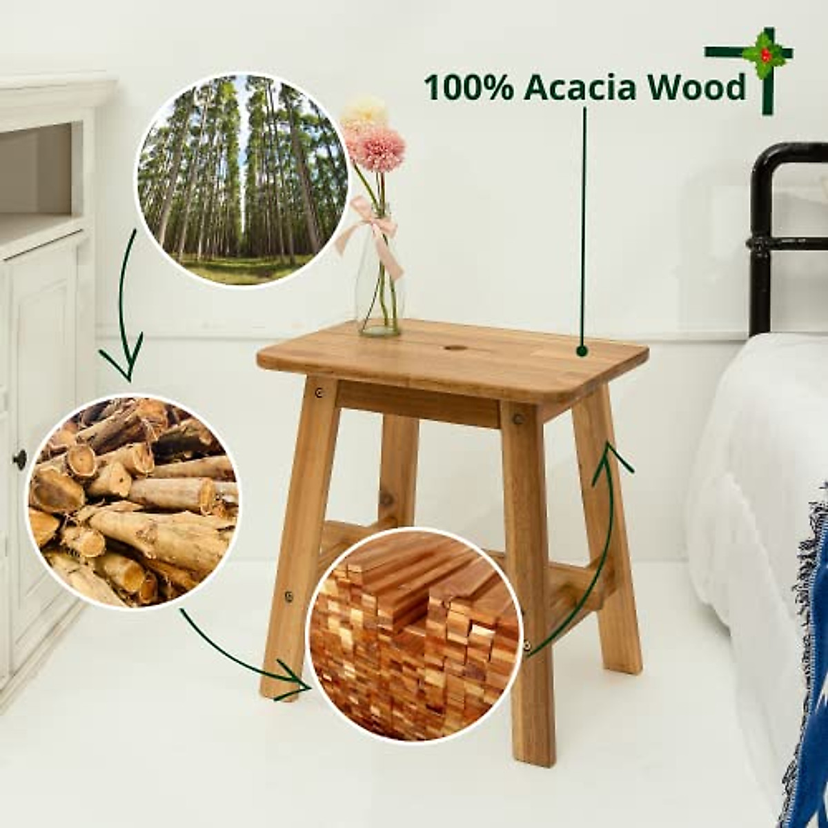Acacia Wood Stool Rectangle Top Chairs Best Ideas End Tables for Sofas Sub-Stool for Living Room Bedside Strong Weight Capacity Upto 350 LBS, Natural Color