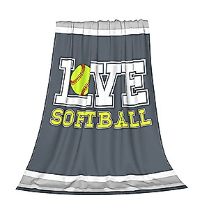 Flannel Softball Blanket for Bed Couch Sofa,I Love Softball on Grey Throw Blanket,Soft Cozy Plush Warm Fuzzy Sport Theme Softball Gift Decor Blanket for Adults Teens Kids 50"x40"