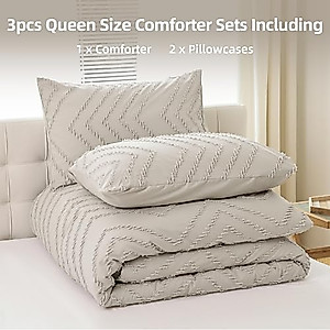 YIRDDEO Boho Chevron Comforter Set Queen Size, 3Pcs Vertical Tufted Lightweight Cream Neutral Bed Set (1 Comforter, 2 Pillowcases)