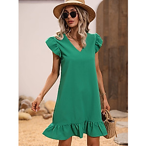 SOLY HUX Summer Dresses for Women V Neck Cap Sleeve Ruffle Hem Smock Short Dress Solid Green M