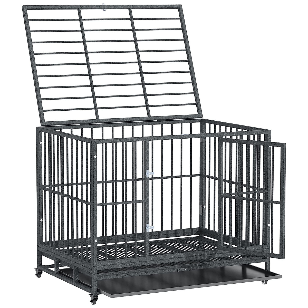 PawHut 43" Heavy Duty Dog Crate Metal Cage Kennel with Lockable Wheels, Double Door and Removable Tray, Gray