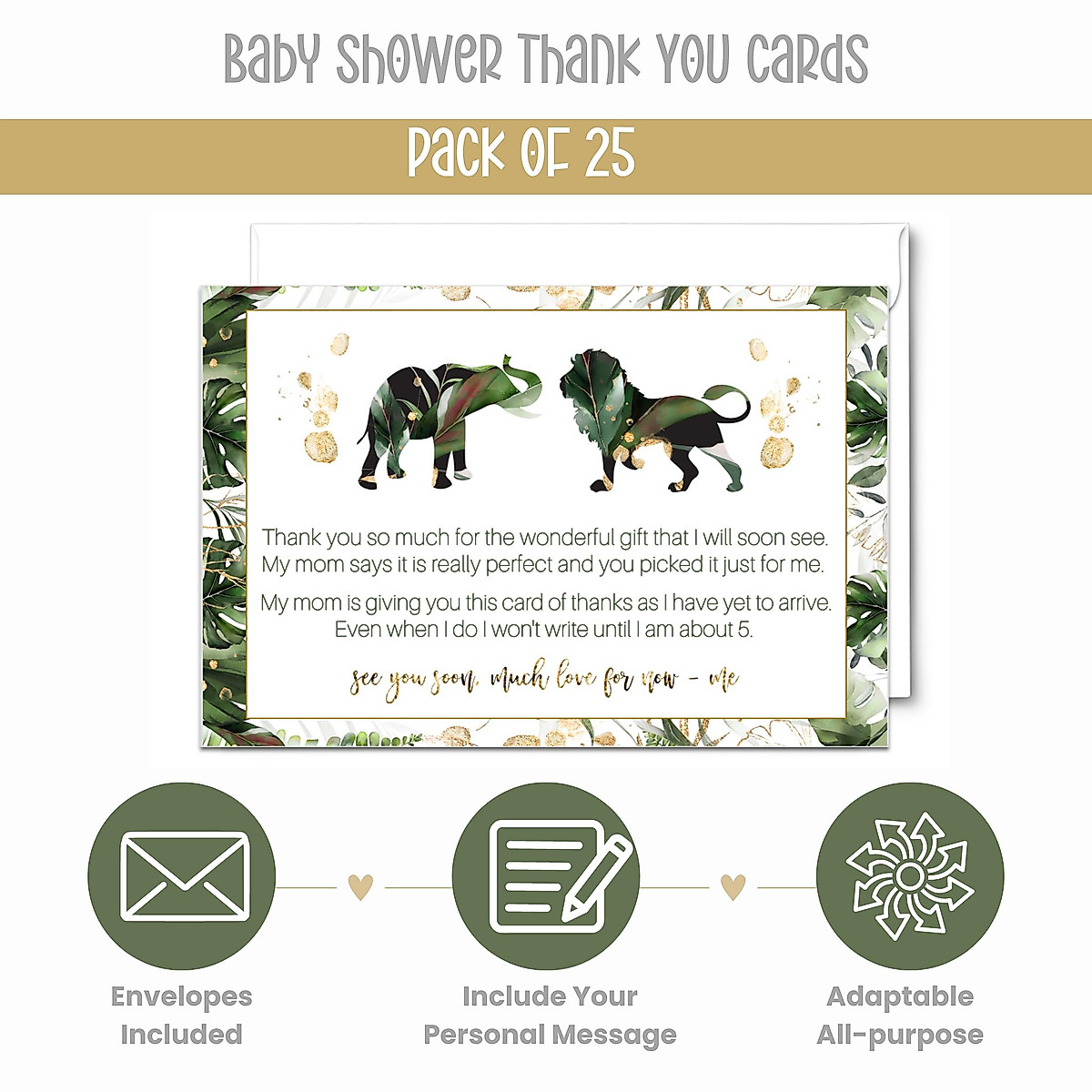 Paper Clever Party Tropical Jungle Baby Shower Thank You Cards with Envelopes - 25 Pack - Blank Notes with Prefilled Message for Gender Neutral Gifts - Royal Green and Gold 4x6 Stationery Set
