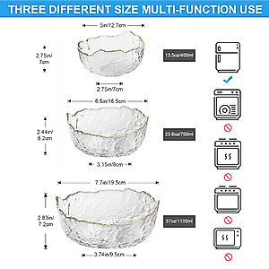 YOXSUNY Glass Bowl Serving Bowl Set with Golden Rim in Organic Shape. Salad Bowl Set of 3 Sizes (400ml) (600ml) (1100ml) For Salad Snacks Popcorn Candies Etc.