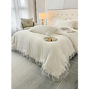 MOOWOO Chic Ruffle Lace Polyester Duvet Cover Set -Girl Red Bedding-3 Piece Queen Duvet Cover with Zipper Closure -Ultra Soft and Light Weight(White,Queen)