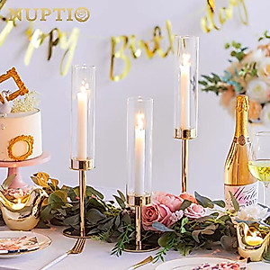 Nuptio Gold Candlestick Holder Tall Hurricane Candle Holder Set of 3 Taper Candle Holders Candle Stand Glass Cover Candlesticks Holders Table Centerpiece for Wedding Party Birthday Christmas Decor