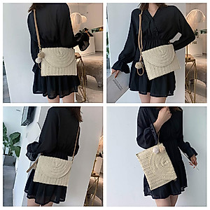 Straw Shoulder Bag Women Straw Clutch Summer Beach Crossbody Bag Handmade Woven Purse Handbag Holiday Gifts, Beige, 7.9 x 10.6 inch
