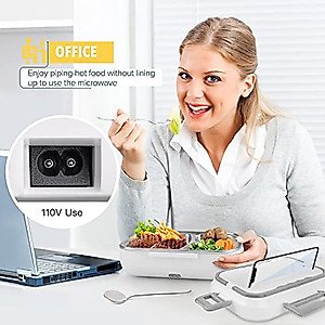 Electric Lunch Box Food Heater, Portable Food Warmer 12V/24V for Car/Truck,110V for Work Home Heated Lunch Box for Adults, Removable 304 Stainless Steel Container, Fork, Spoon, and Carry Bag