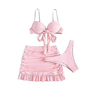 WDIRARA Women's 3 Pieces Tie Front Push Up Bikini Swimsuit with Ruched Ruffle Hem Beach Skirt Pink L