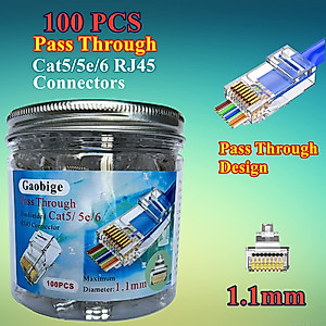 Gaobige 100-PACK RJ45 Pass Through Connectors, RJ45 Ends, Cat5 Cat5e Cat6 RJ45 Connectors for Solid Wire and Standard Cable - 100 Pack (1.1mm UnShielded RJ45 Pass Through Connector)