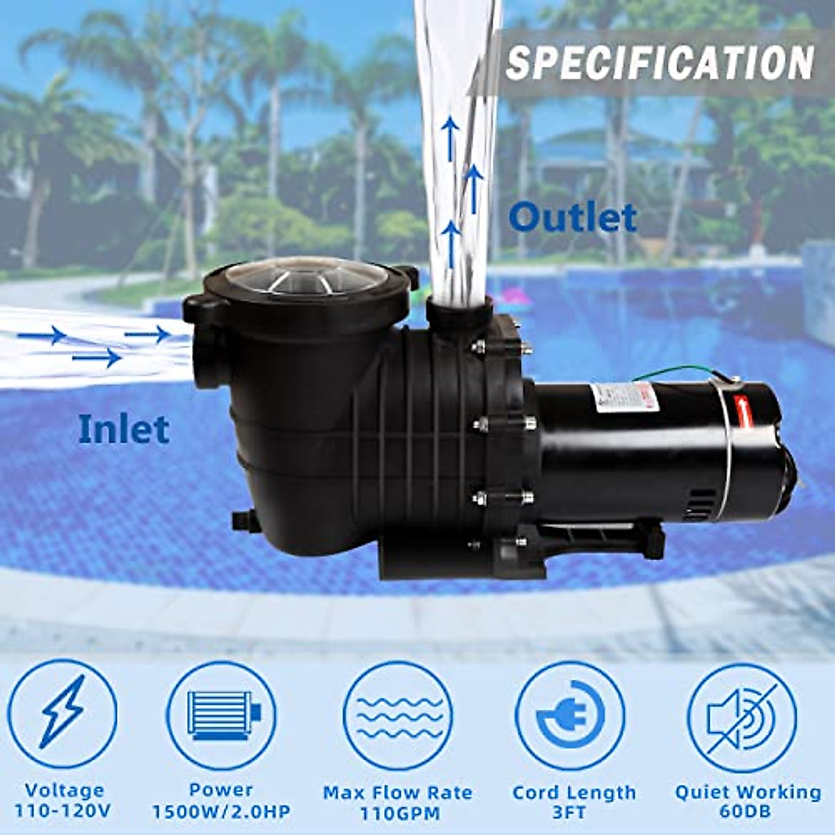 TOPWAY 2HP 110v Swimming Pool Pump 111GPM Filter Garden lnground and Above Ground Pools Water Pump