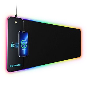 Schkner RGB Gaming Mouse Pad with Wireless Charging 15W, Large Desk Mat 800x300x4mm, 10 Light Modes Keyboard Pad with Non-Slip Rubber Base, Waterproof Mousepad for Gaming PC MacBook Laptop