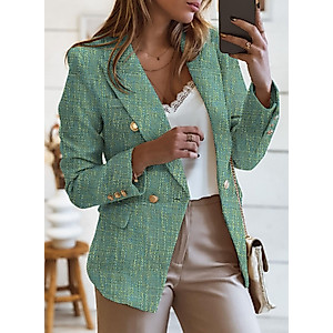 Happy Sailed Womens Tweed Blazer Jackets Fashion Double Breasted Lapel Collar Business Blazers with Pockets Long Sleeve Open Front Office Professional Blazer Work Suits 2024 Green Medium