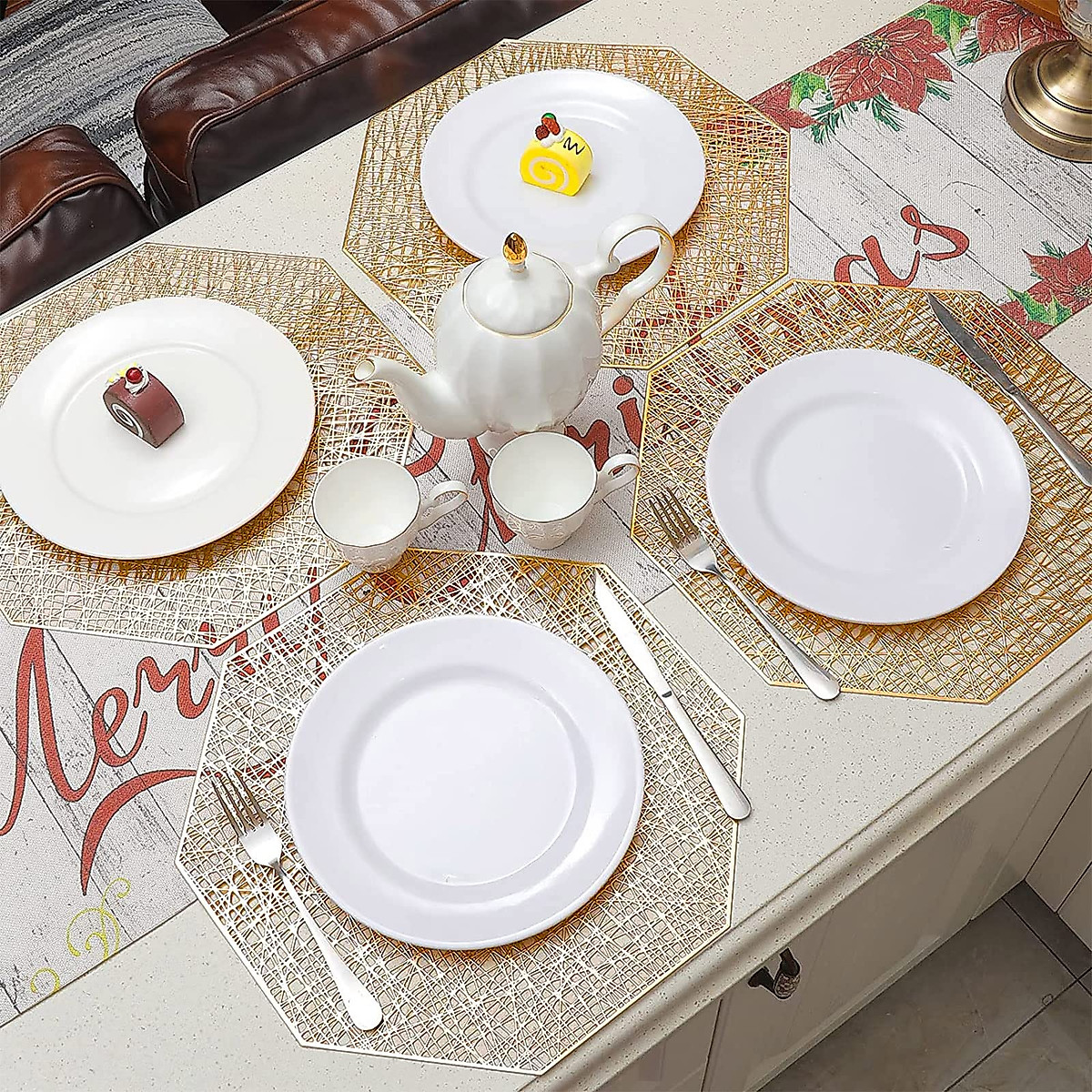 U'Artlines Octagonal Placemats Hollow Out Mats Vinyl Non-Slip Heat Insulation Kitchen Table Mats(Octagonal Gold, 6pcs)