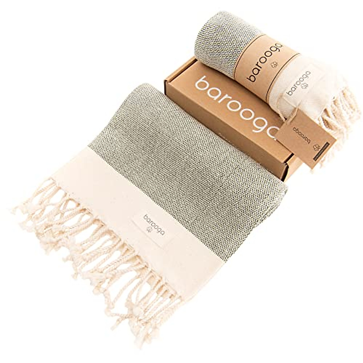 BAROOGA Turkish Hand Towel (Set of 2) for Kitchen and Bathroom | 100% Cotton, 18 x 38 Inches | Prewashed Decorative Peshtemal Towel for Face, Hand, Hair, Yoga, Dishcloth, Tea Towel (Kale Green)